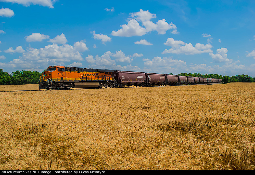BNSF 7183 DPU on eastbound BNSF loaded grain train